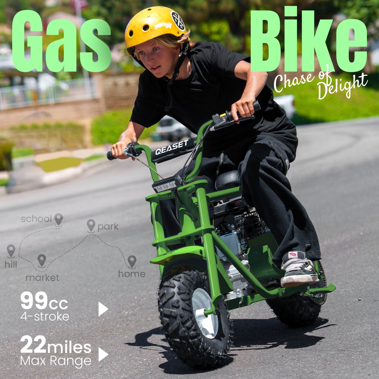 QEASET 99cc Mini Bike Gas Powered, 4-Stroke with LED Headlight, Green ...